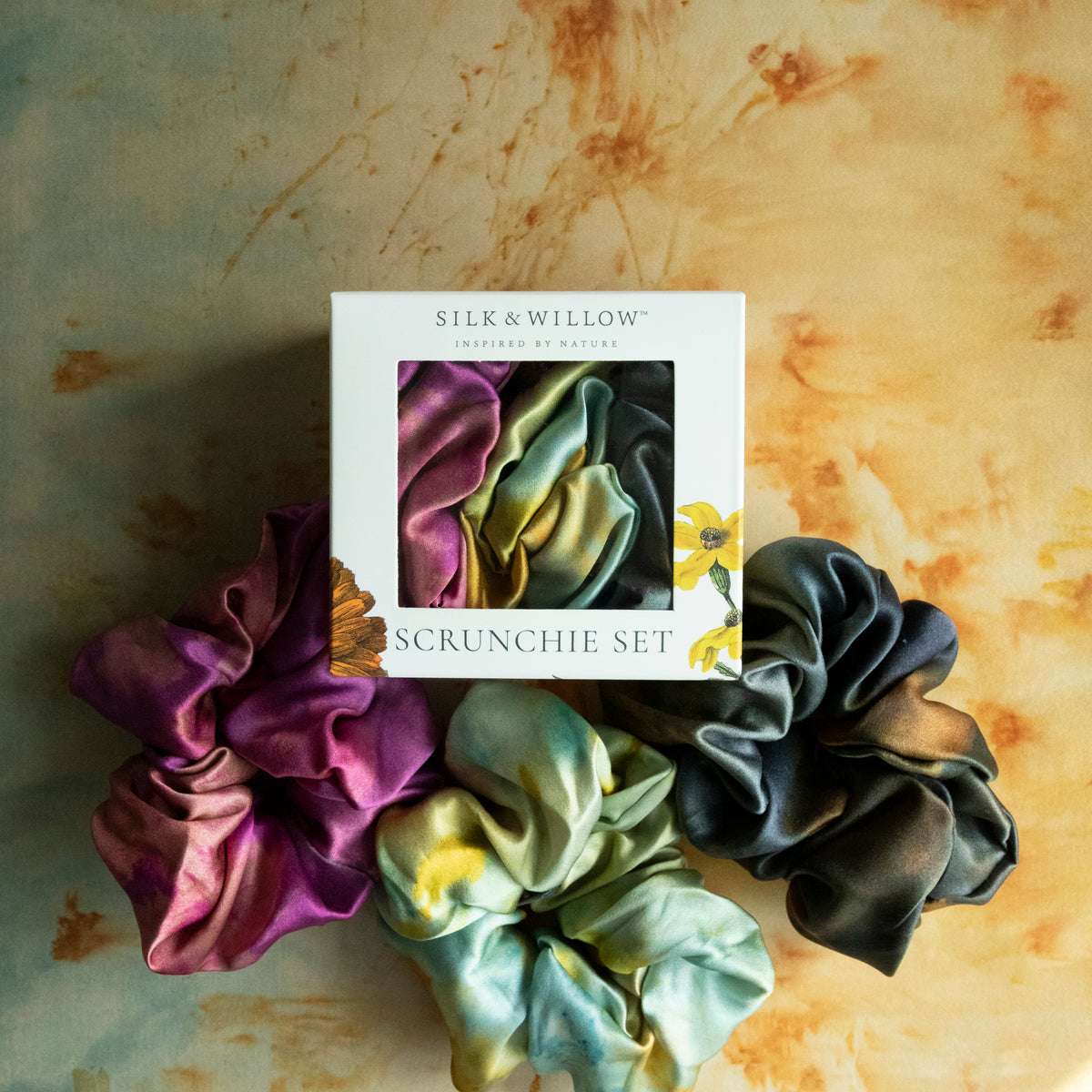 Botanical Print RESTORATIVE HAIR SCRUNCHIE SET - Hot Peony/Teal Marigo – Silk & Willow