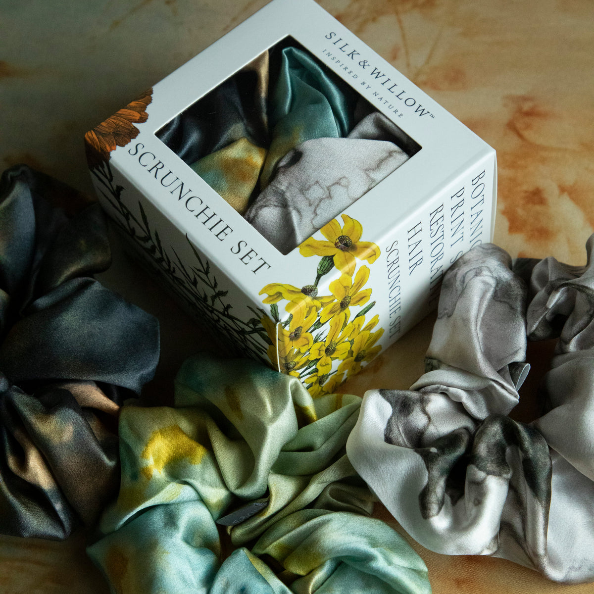 Botanical Print RESTORATIVE HAIR SCRUNCHIE SET - Midnight/Teal Marigol – Silk & Willow