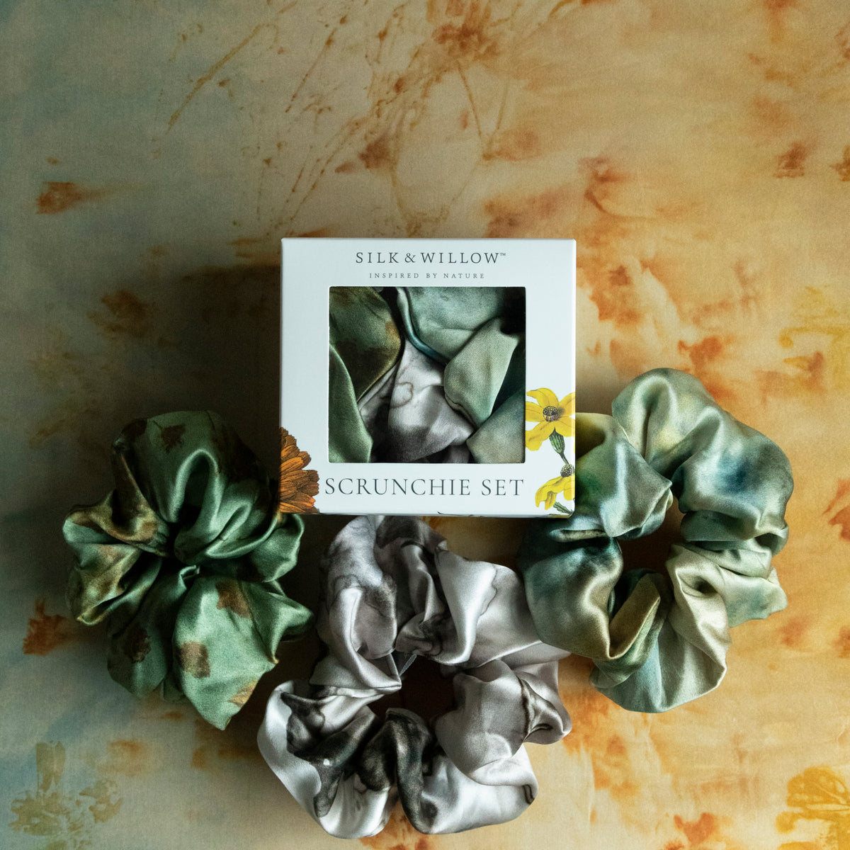 Botanical Print RESTORATIVE HAIR SCRUNCHIE SET - Coreopsis Sage/Woodgr – Silk & Willow
