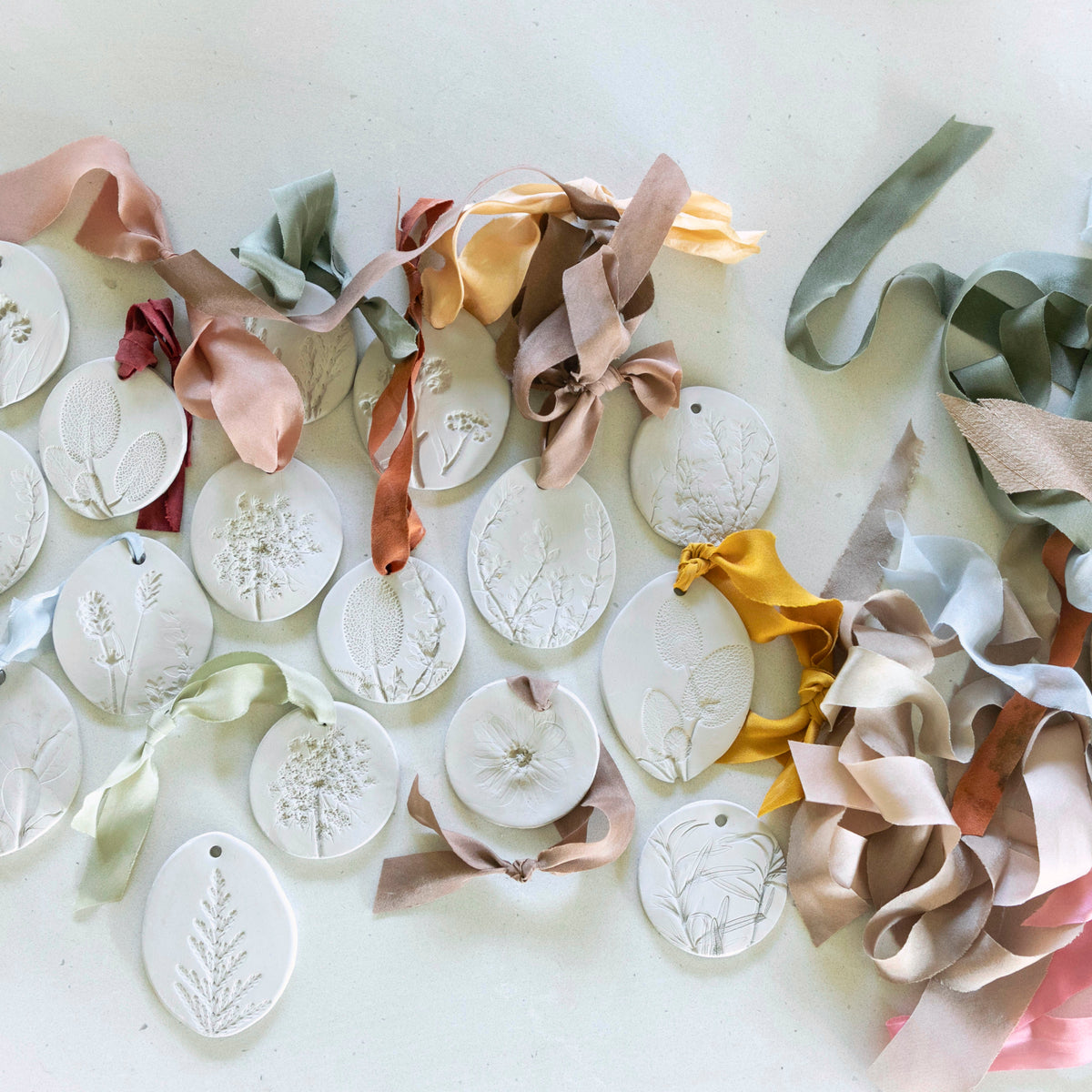 Botanical Imprinted Clay Ornaments with Silk Ribbons – Silk & Willow