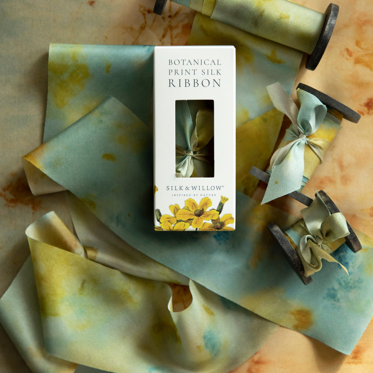 Teal Marigold Botanical Print Silk ribbon – Silk & Willow